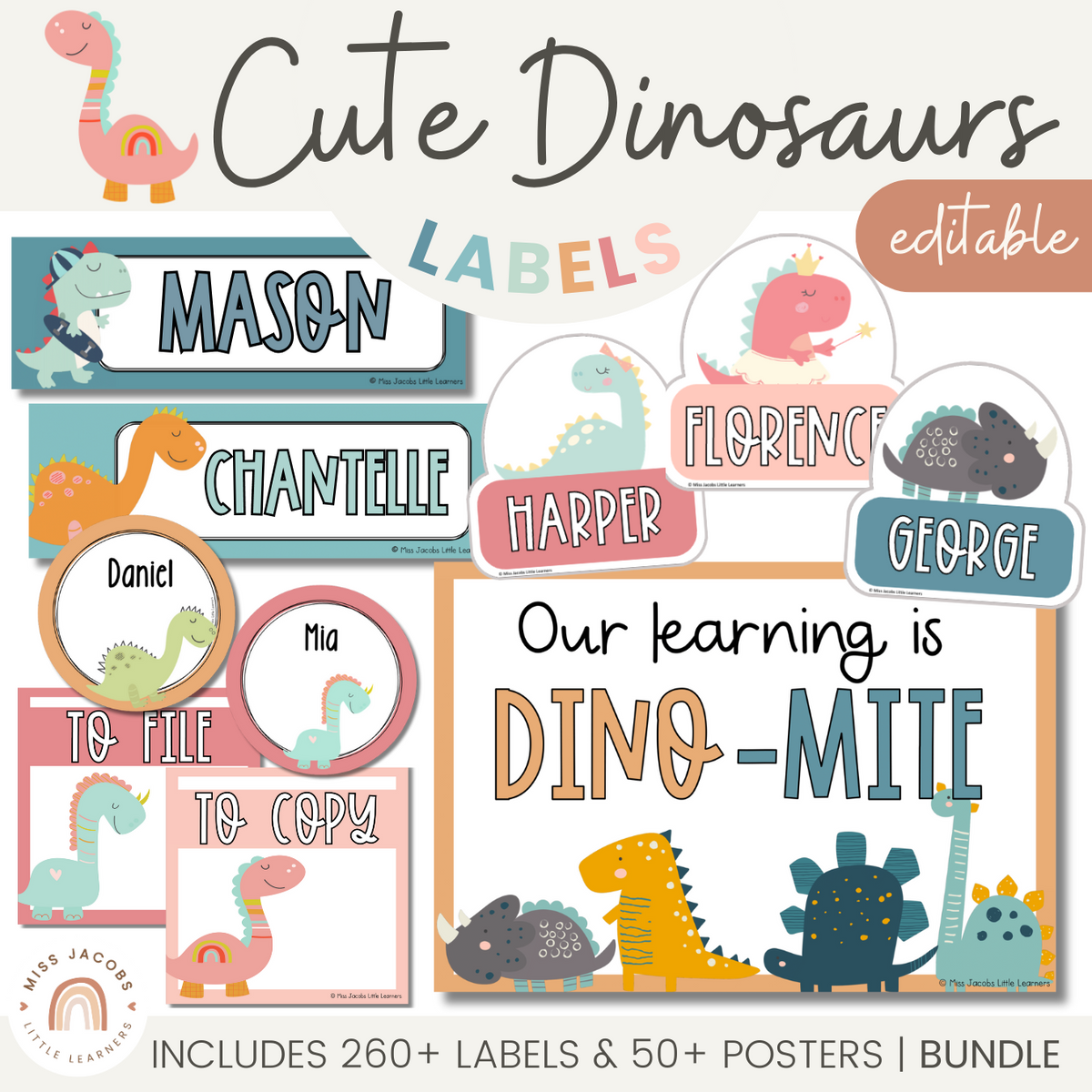 Cute Dinosaurs Classroom Labels Bundle - Editable Organization Tags ...