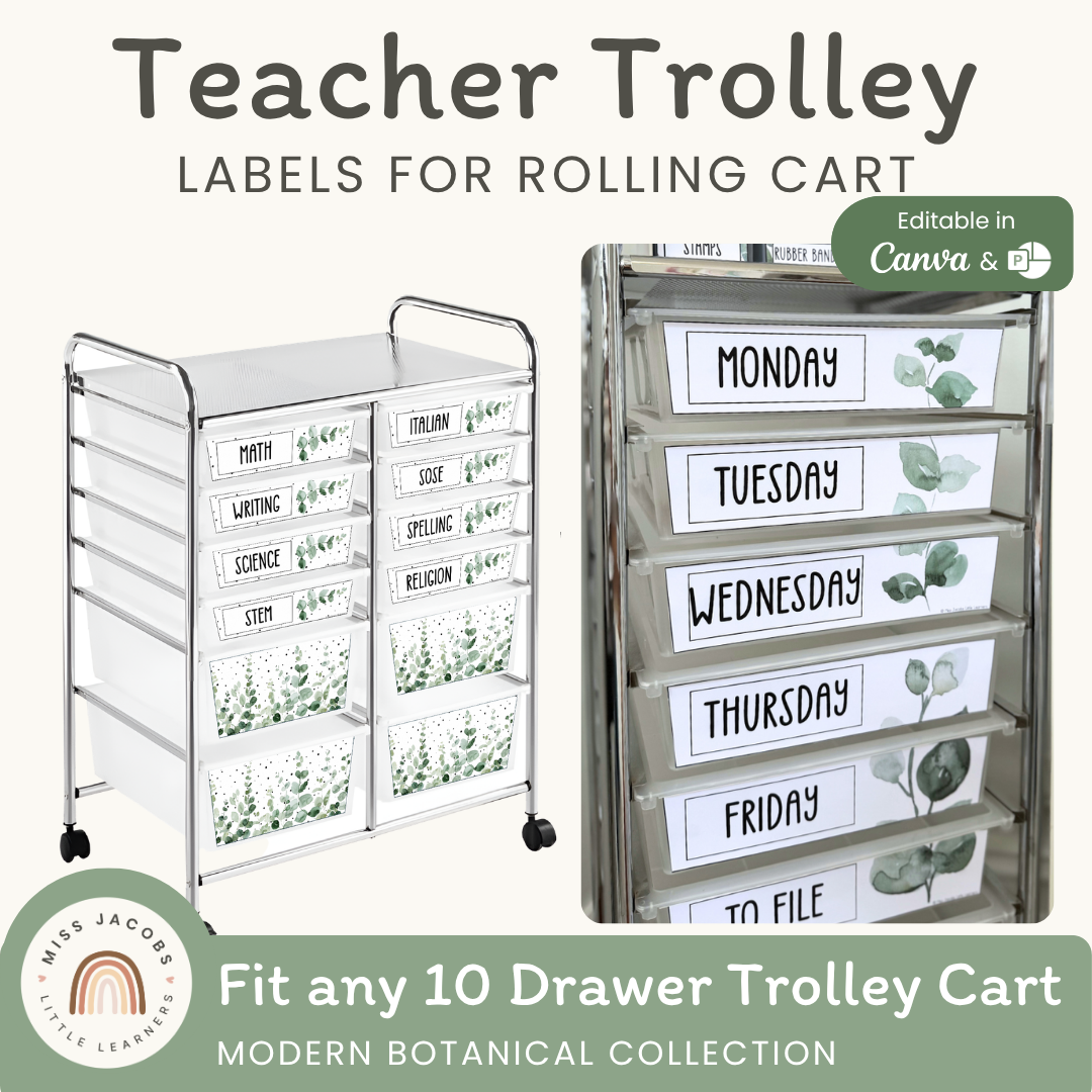 Teacher Trolley Labels for Rolling Cart - Modern Botanical - MJLL ...