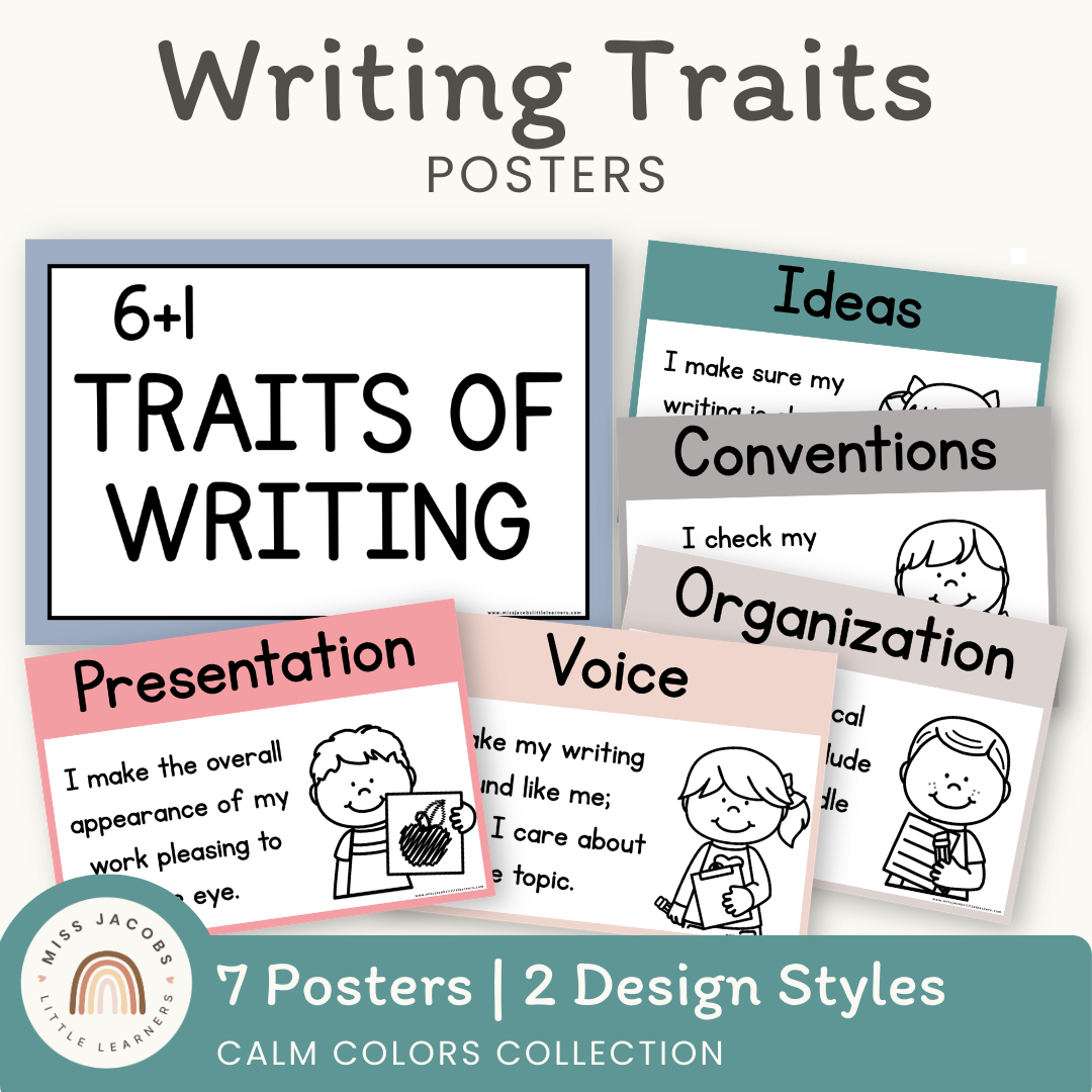 6 + 1 Traits of Writing Posters Calm Colors - Modern Rainbow English ...