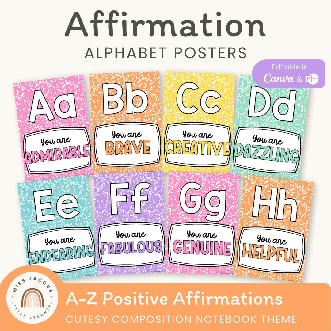 Affirmation Alphabet Posters - Bright Cutesy Composition Notebook ...