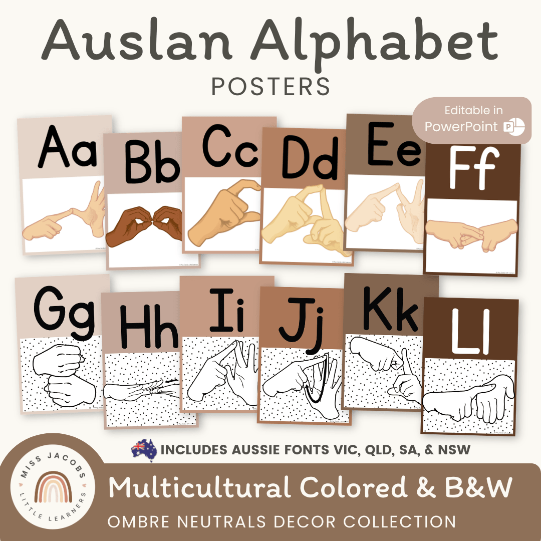 Auslan ALPHABET POSTERS | NEUTRALS THEME | WITH AND WITHOUT SPOTS ...