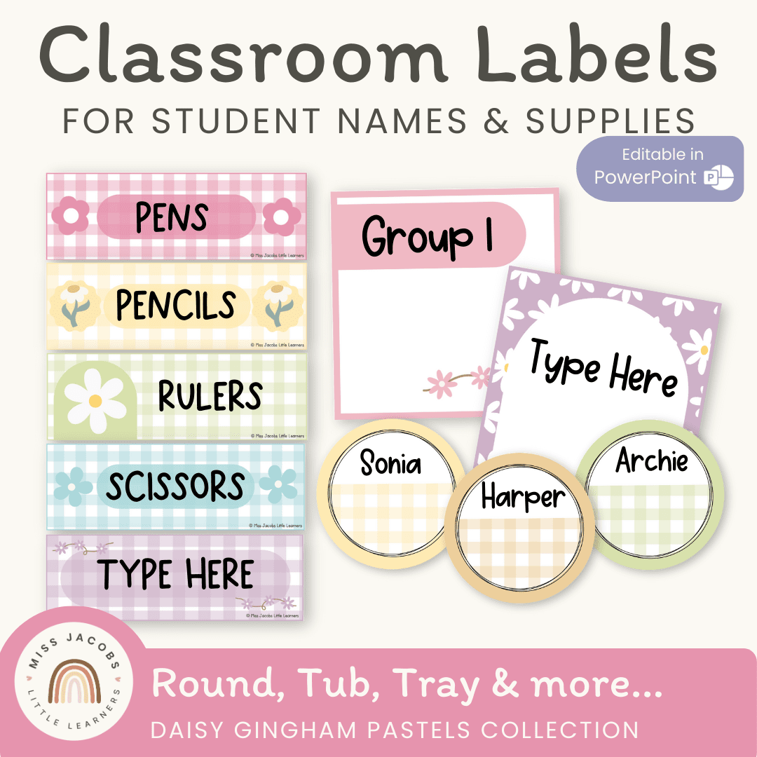 Classroom Labels Student Names & Supplies - Daisy Gingham Pastels ...