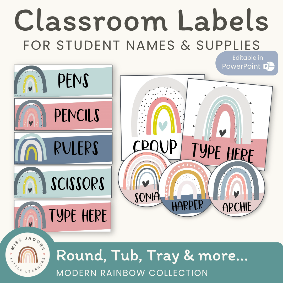 Classroom Labels Student Names & Supplies - Modern Rainbow Classroom ...
