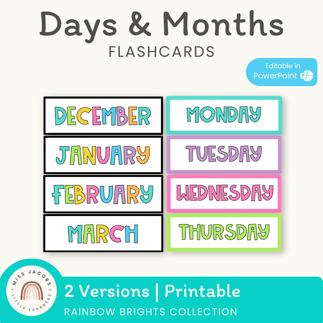 Days and Months Flashcards | Rainbow Classroom Decor – Miss Jacobs ...
