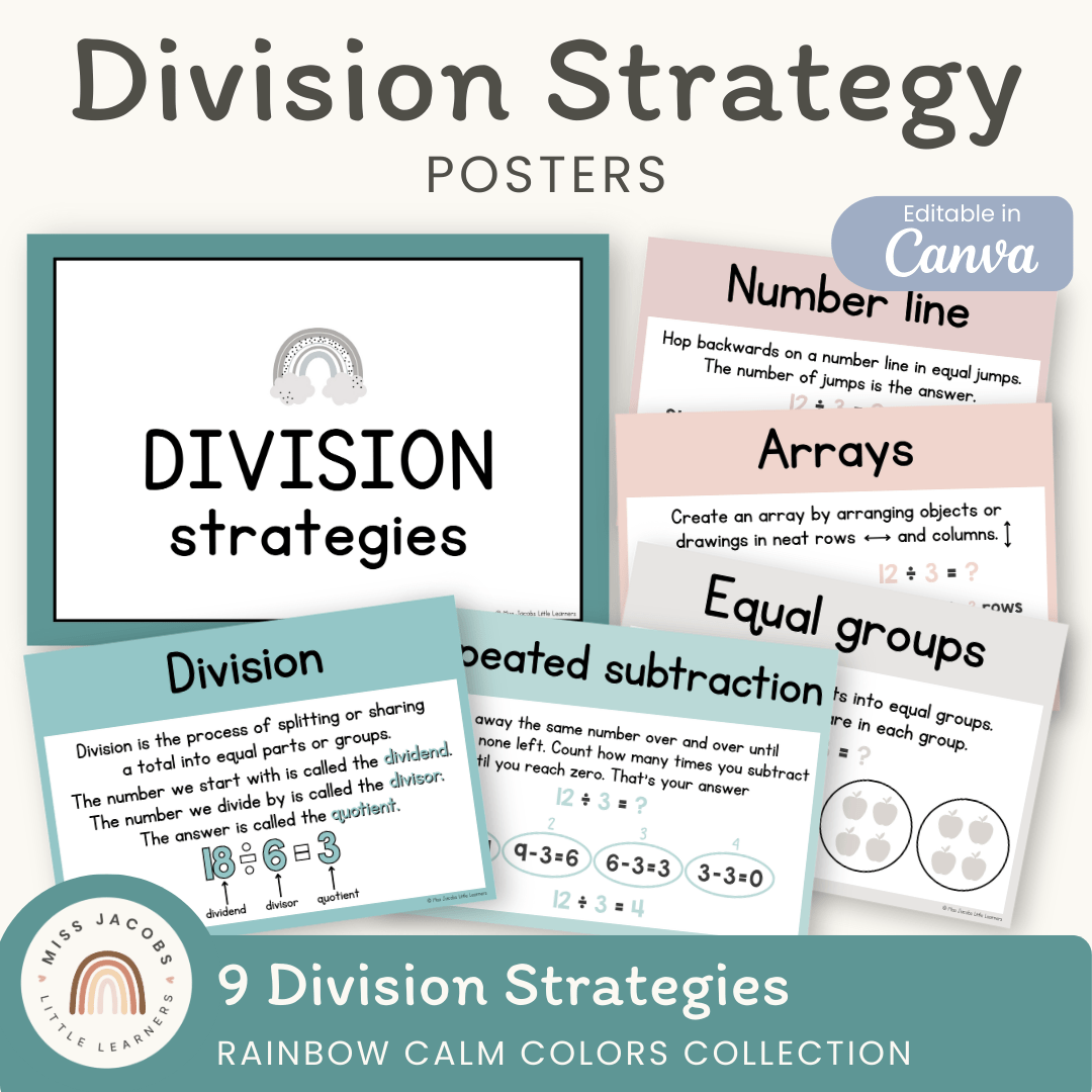 Division Strategies Posters - Calm Colors Math Decor | Modern Rainbow ...