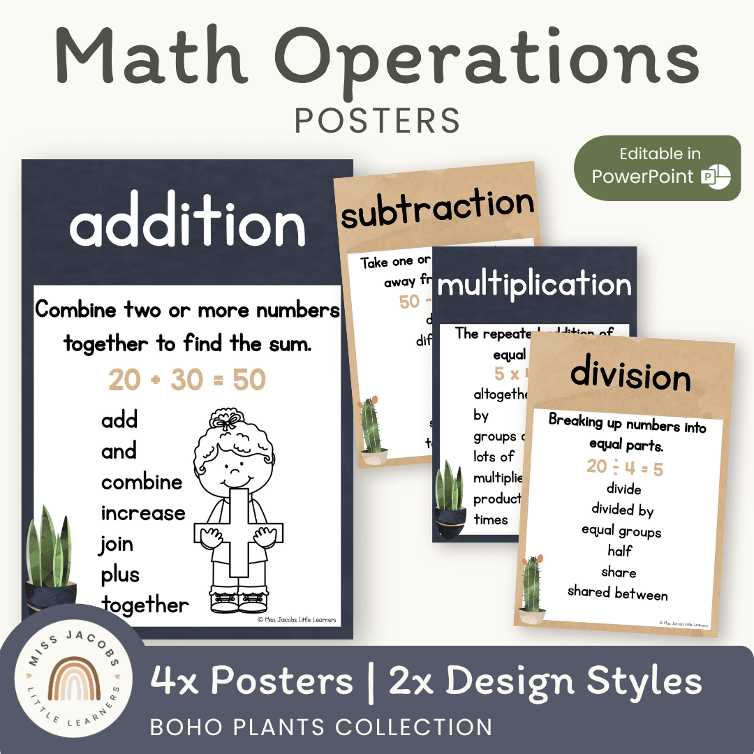Math Operation Posters - Boho Plants Classroom Decor – Miss Jacobs ...