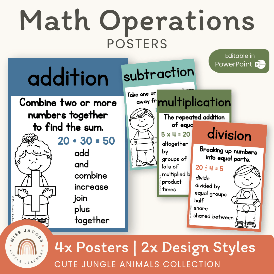 Math Operations Posters | Cute Jungle Animals – Miss Jacobs Little Learners
