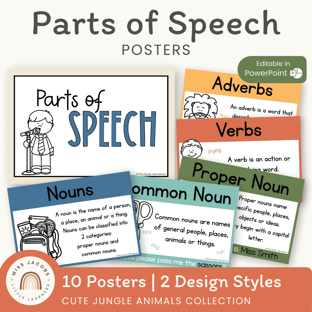 Parts of Speech Posters | Cute Jungle Animals – Miss Jacobs Little Learners