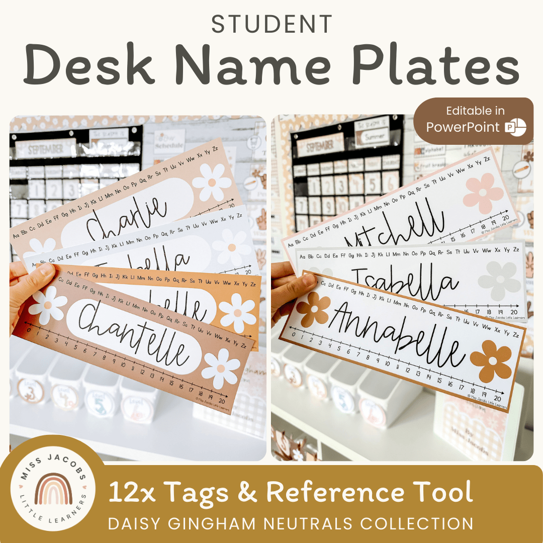 Student Desk Plates & Supply Labels | Daisy Gingham Neutral Classroom ...