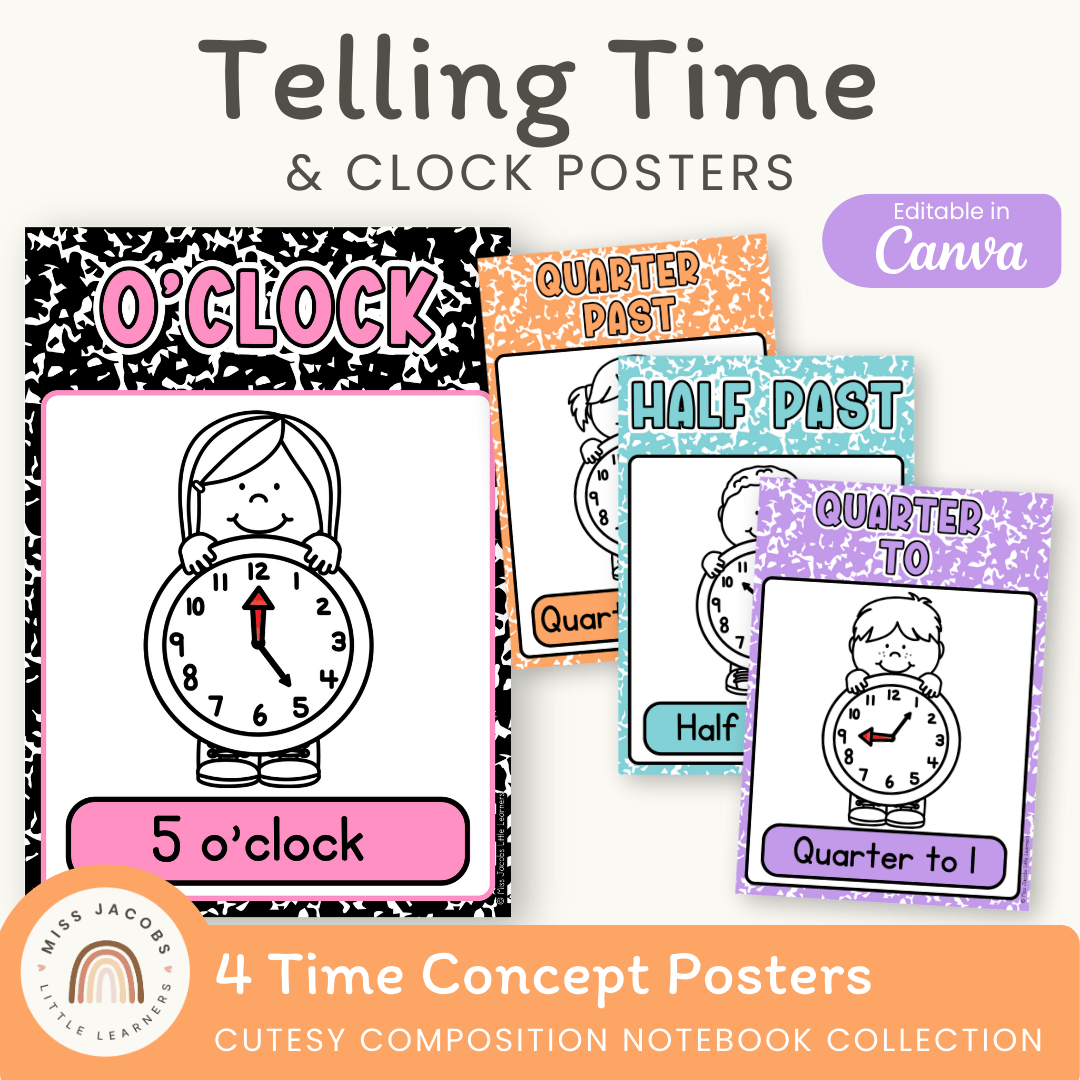 Telling Time & Clock Posters - Composition Notebook Math Decor – Miss ...
