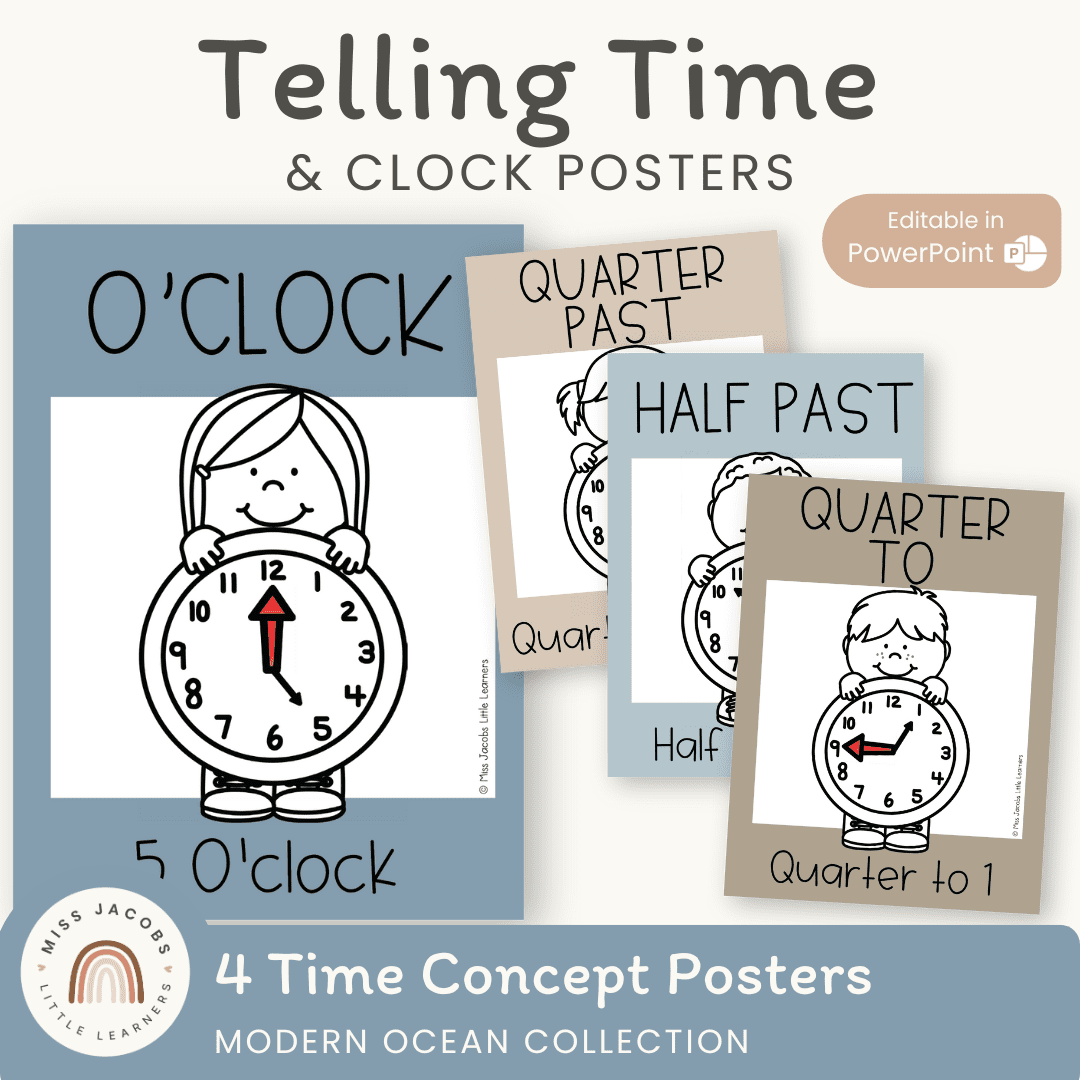 Telling Time and Clock Posters - Modern Ocean Classroom Decor – Miss ...