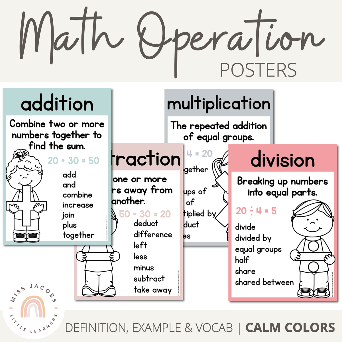 Math Operation Posters - Rainbow Calm Colors – Miss Jacobs Little Learners