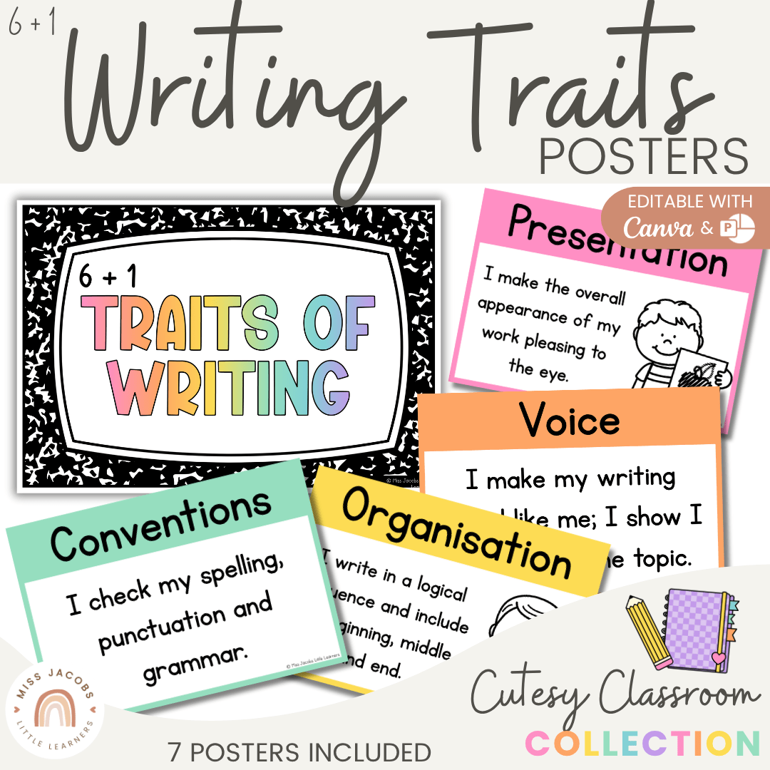 6 + 1 Traits of Writing Posters - Cutesy Classroom Theme - Miss Jacobs