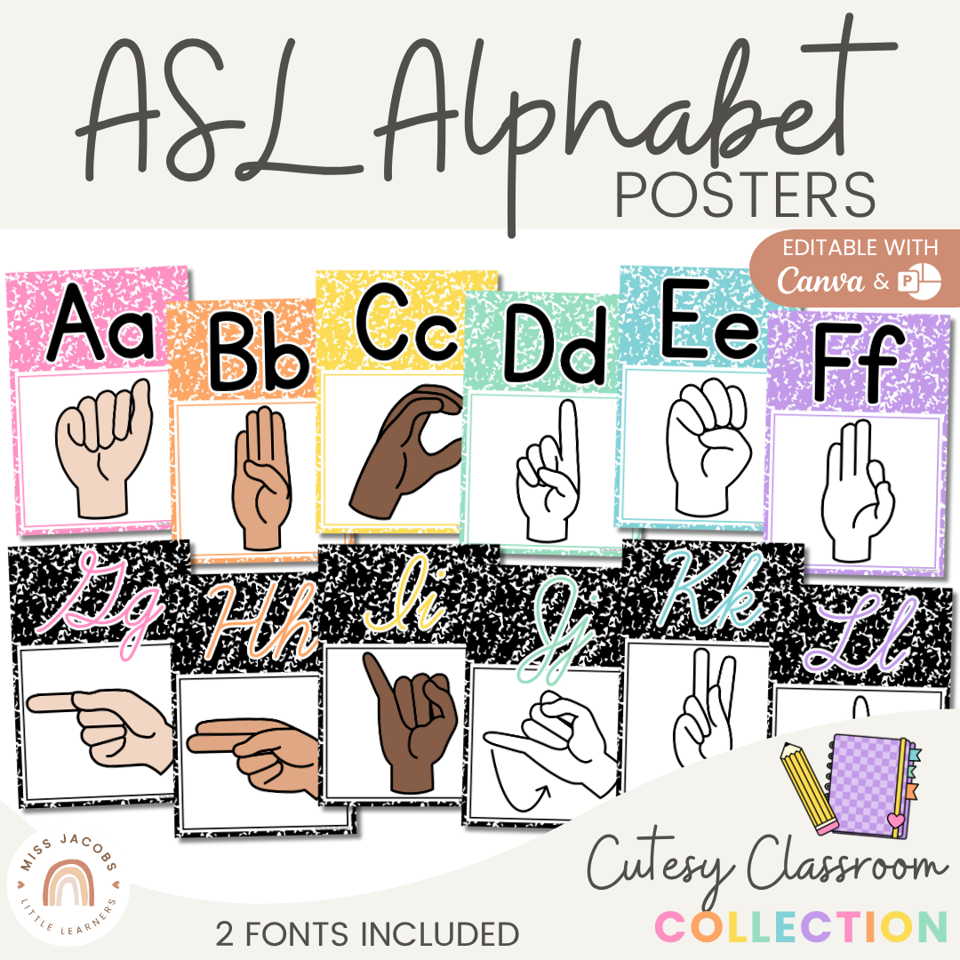 ASL Alphabet Posters - American Sign Language - Cutesy Theme - MJLL