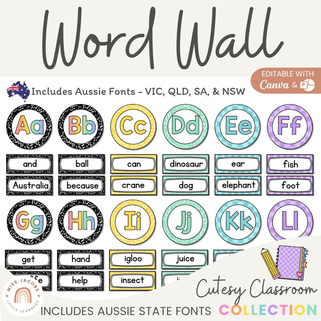 Alphabet Word Wall - Cutesy Classroom Theme - MJLL