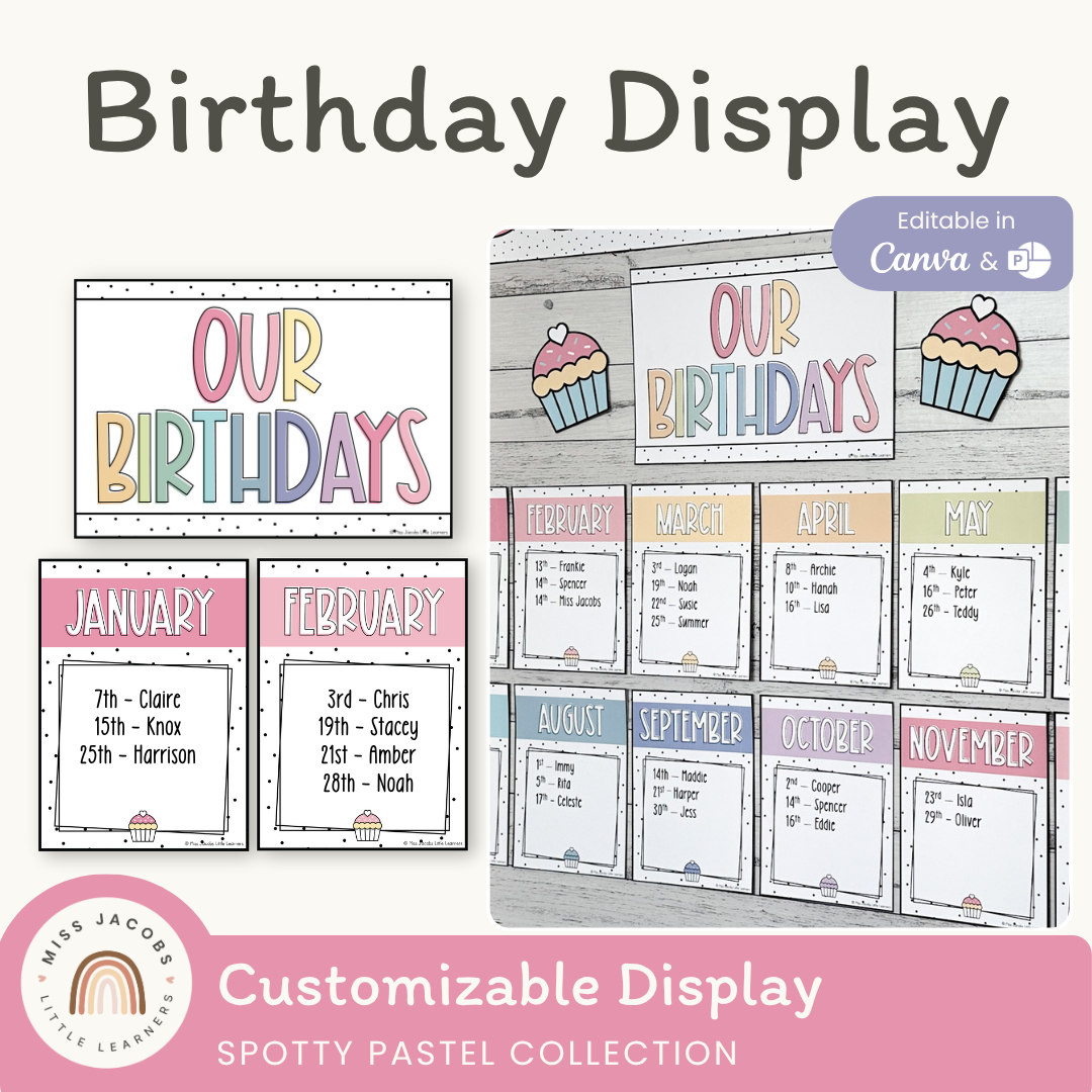 Birthday Chart - Spotty Pastel Classroom Decor - Miss Jacobs