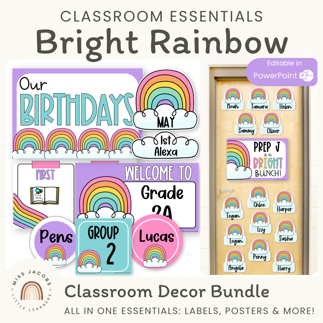 Bright Rainbow Theme Classroom Essentials Decor Pack - Miss Jacobs