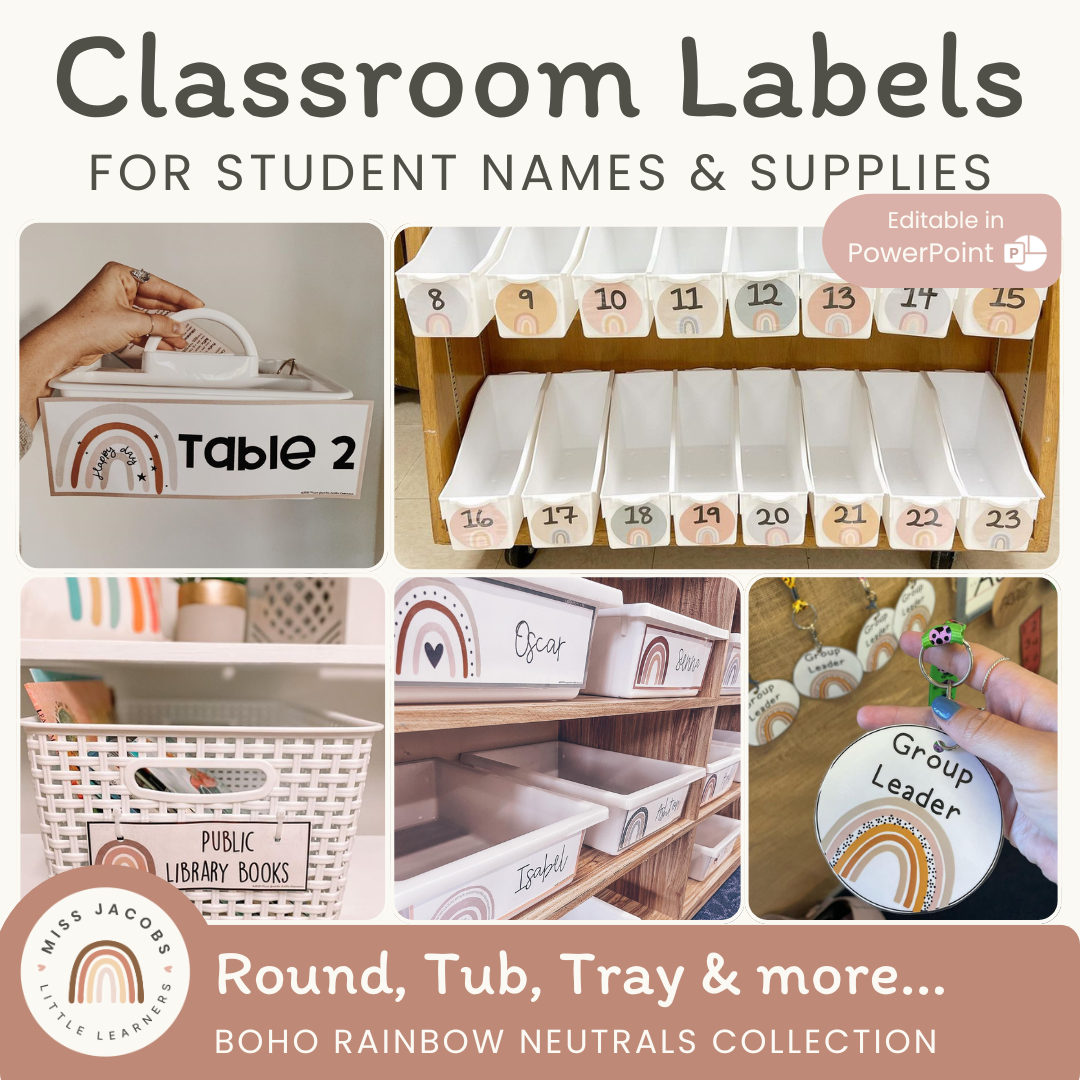 Classroom Label Student Names & Supplies - Boho Rainbow - MJLL