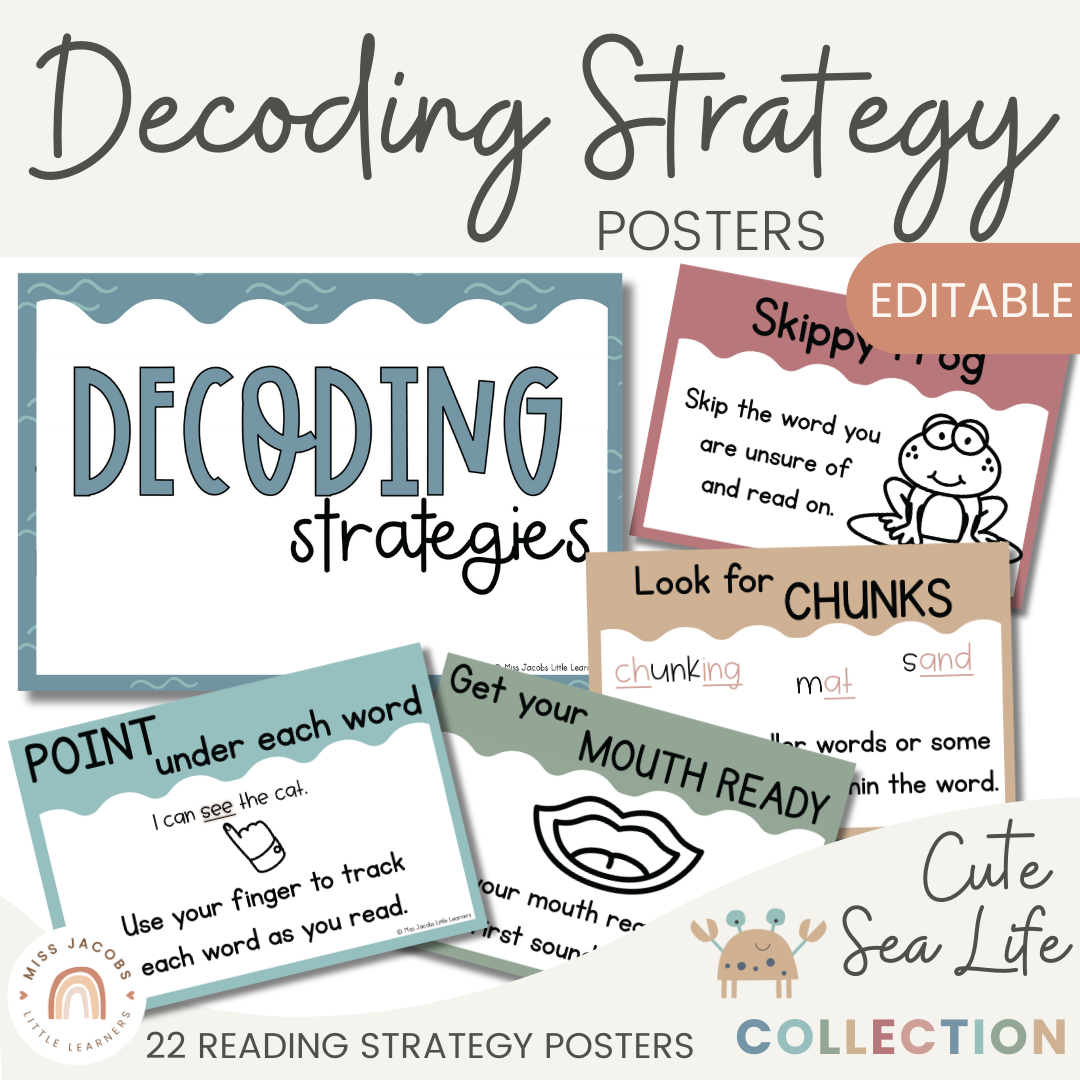 Reading Decoding Strategies Posters - Cute Sea Life Theme