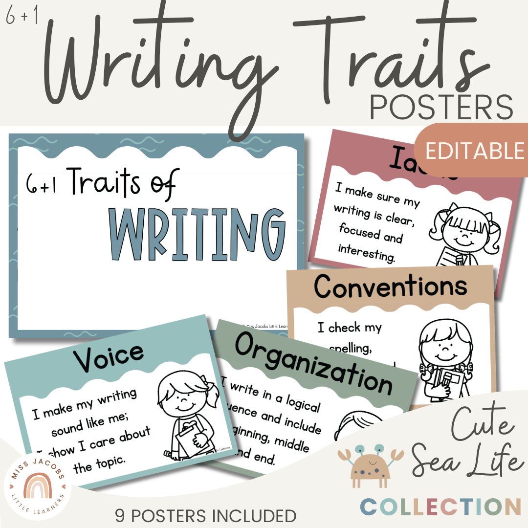 6 + 1 Traits of Writing Posters - Cute Sea Life Classroom Decor