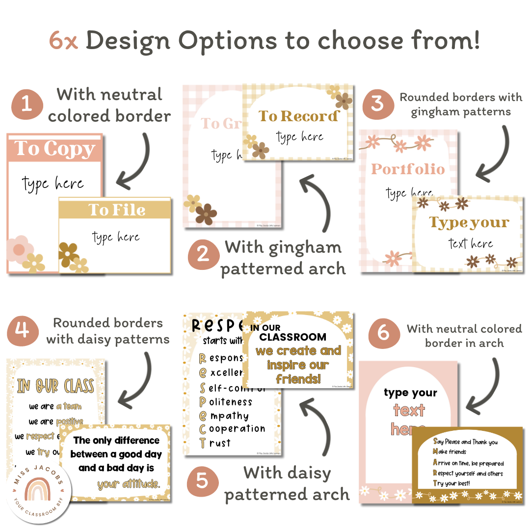 Editable Classroom Posters Templates - Daisy Gingham Neutrals Decor