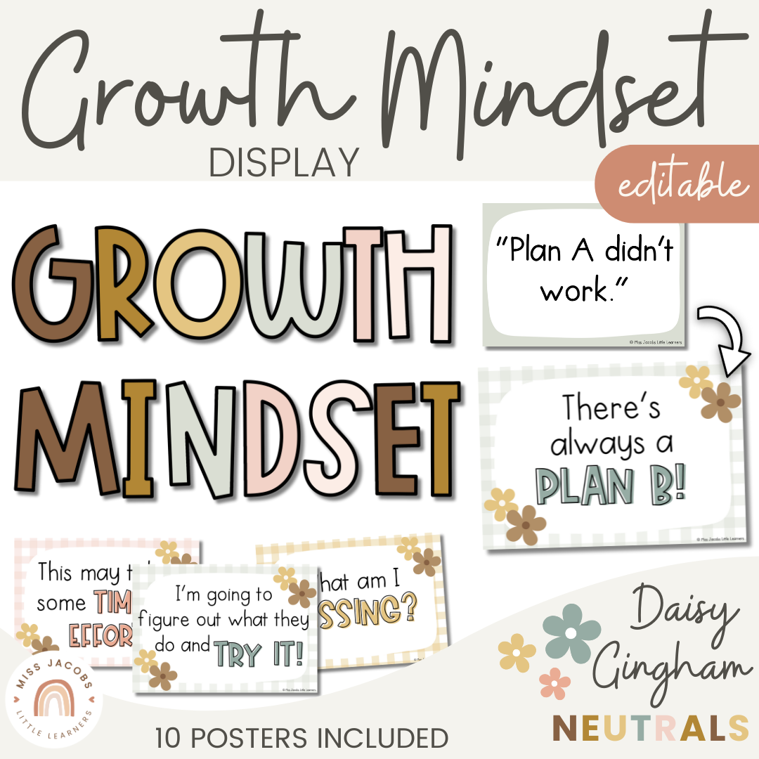 Growth Mindset Posters - Daisy Gingham Neutrals Decor