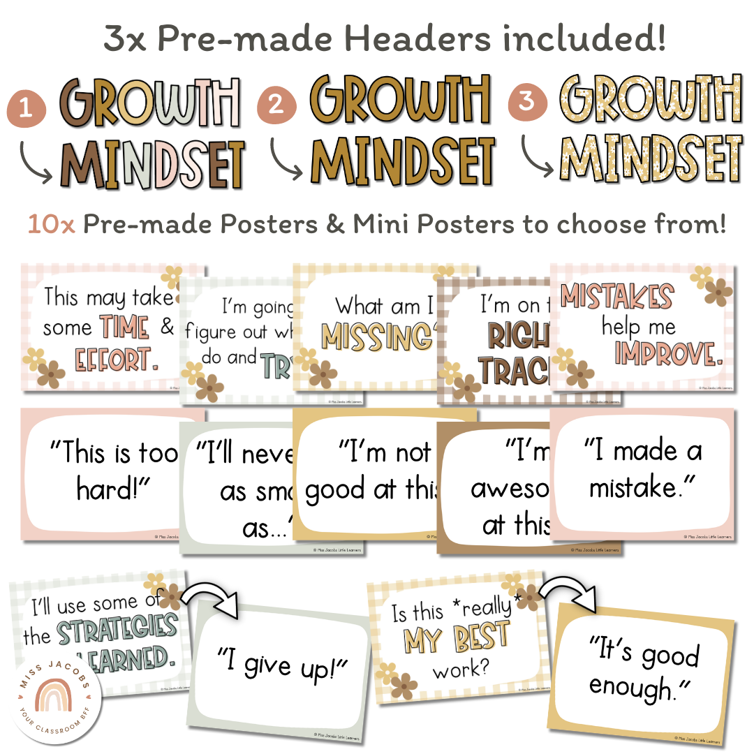 Growth Mindset Posters - Daisy Gingham Neutrals Decor