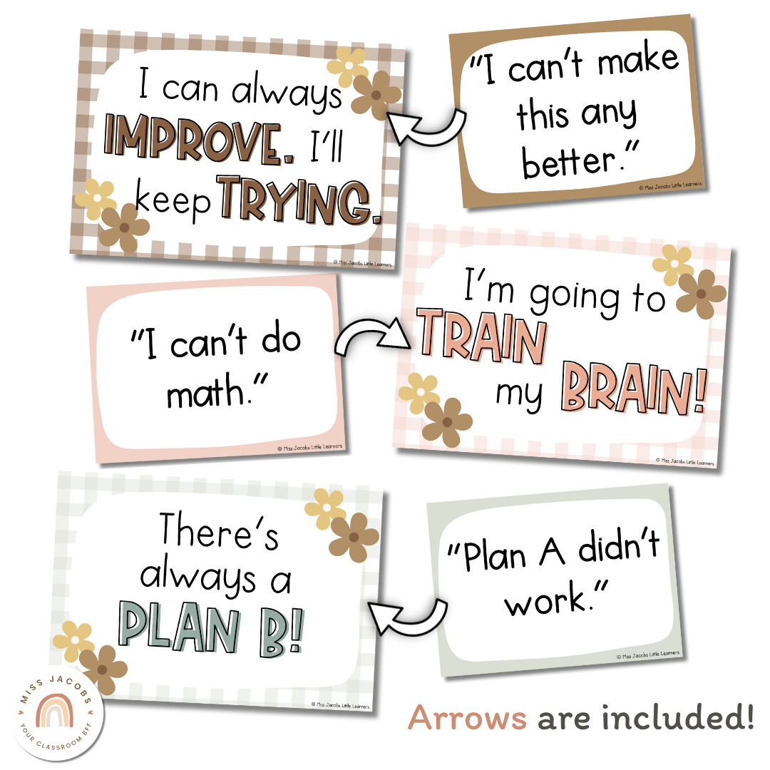 Growth Mindset Posters - Daisy Gingham Neutrals Decor