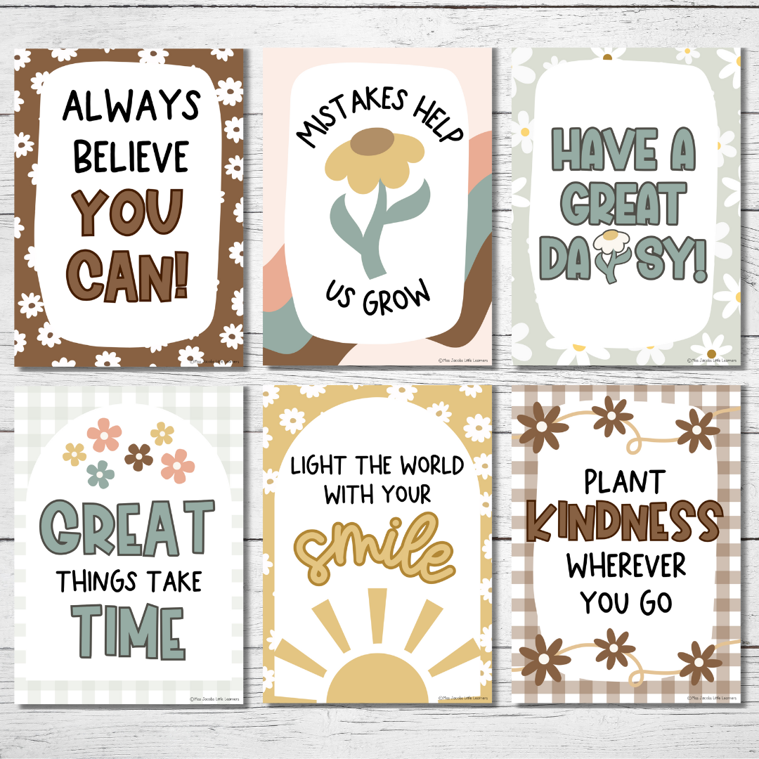 Inspirational Classroom Posters - Daisy Gingham Neutrals Decor