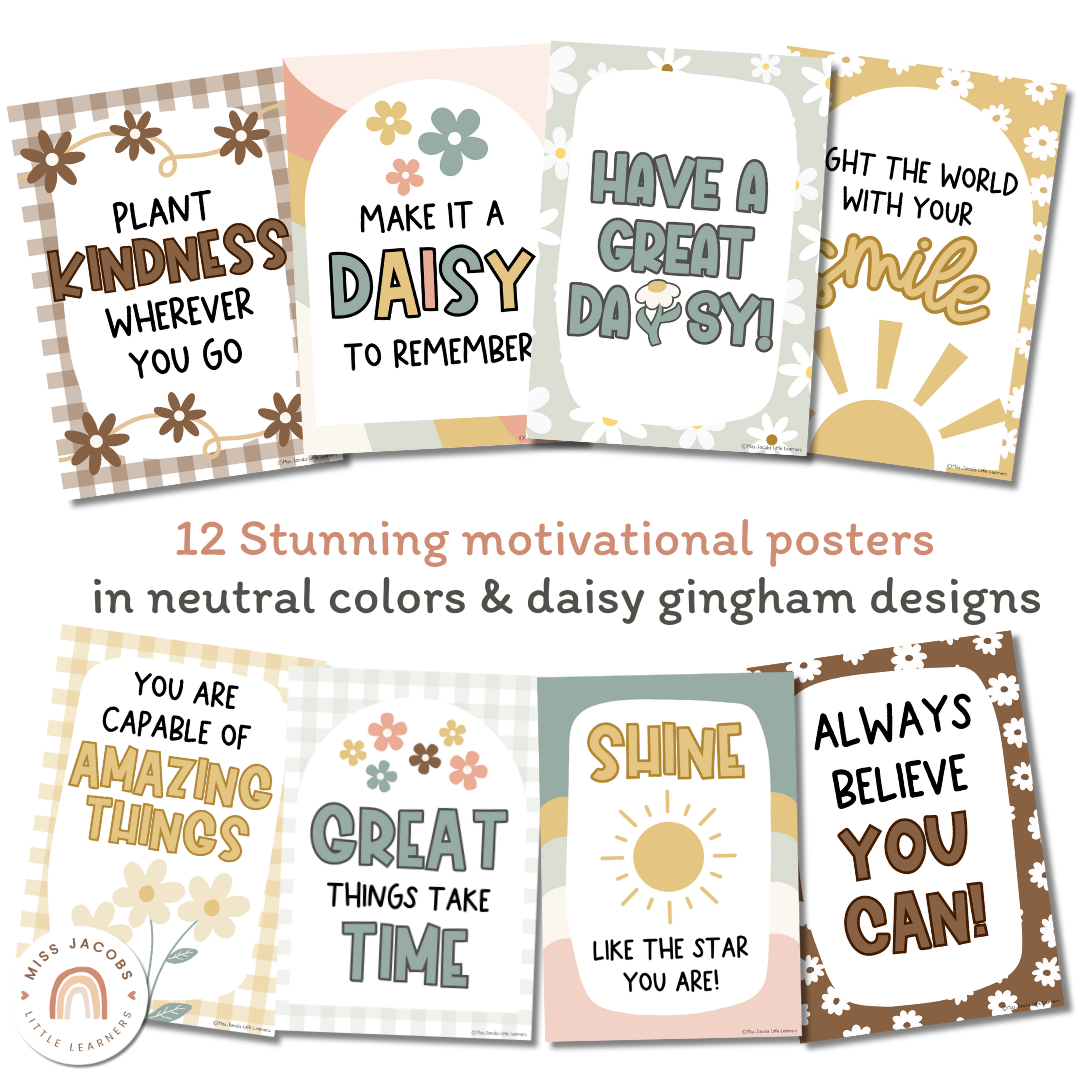 Inspirational Classroom Posters - Daisy Gingham Neutrals Decor