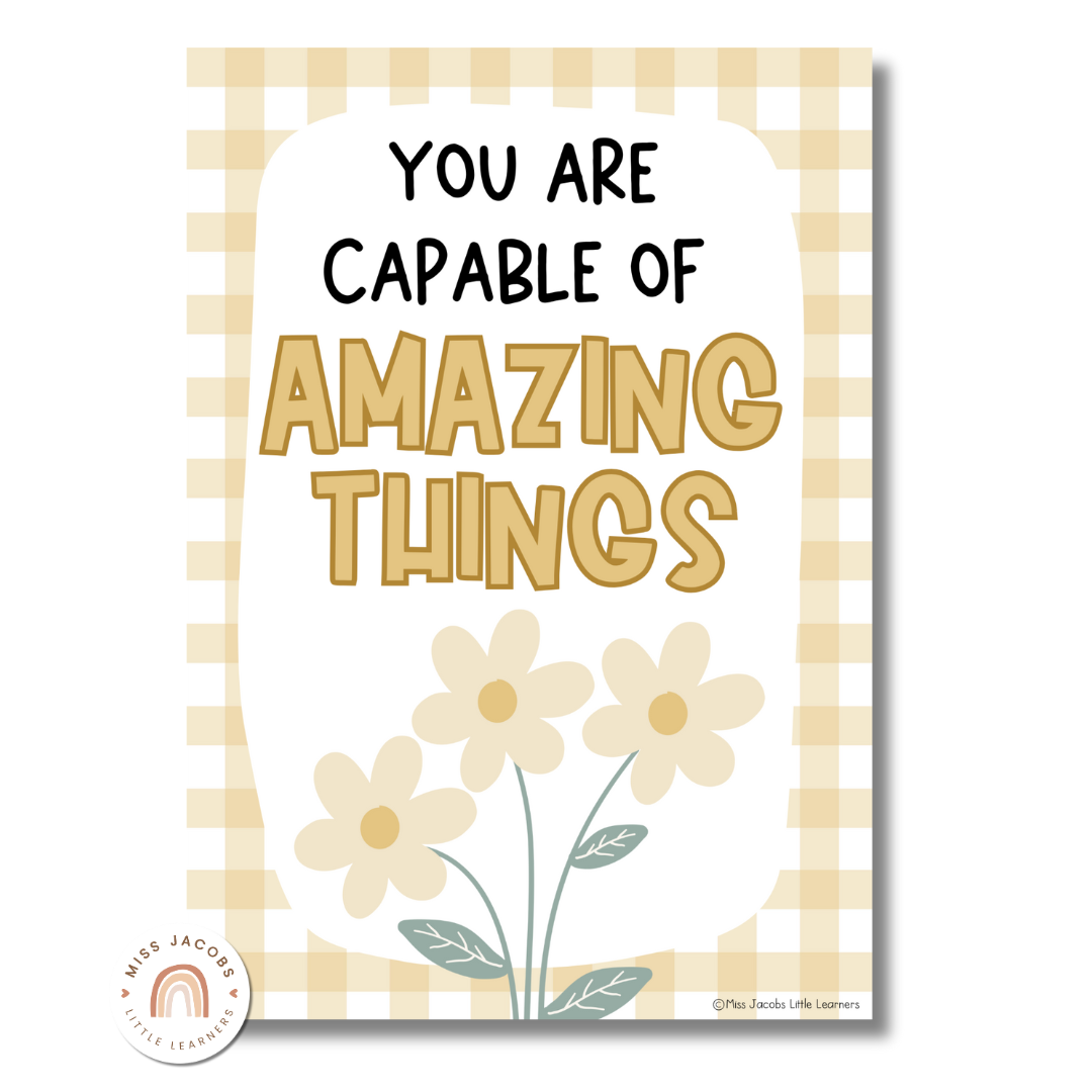 Inspirational Classroom Posters - Daisy Gingham Neutrals Decor