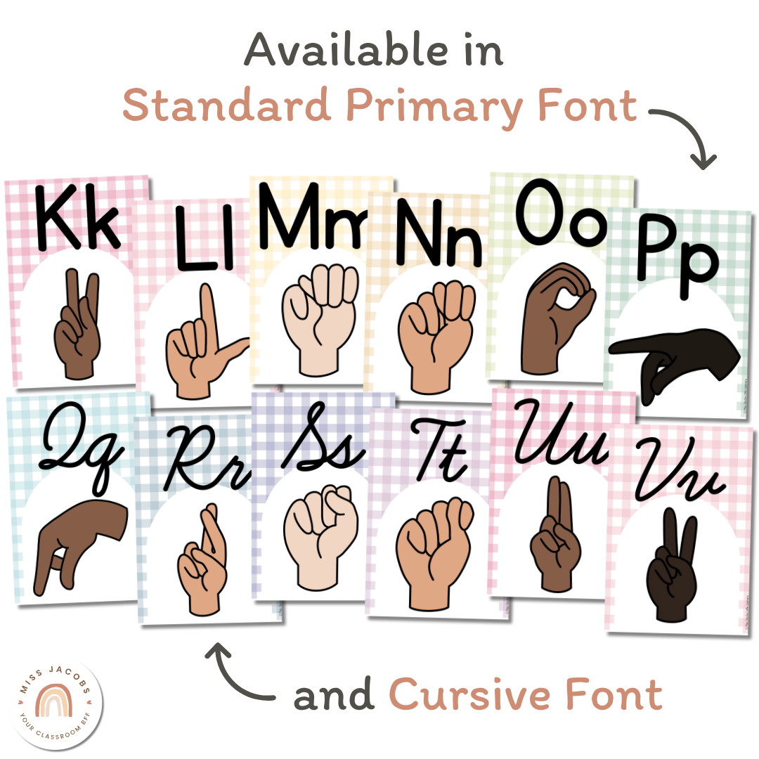 ASL Alphabet Posters (American Sign Language) - Daisy Gingham Pastels