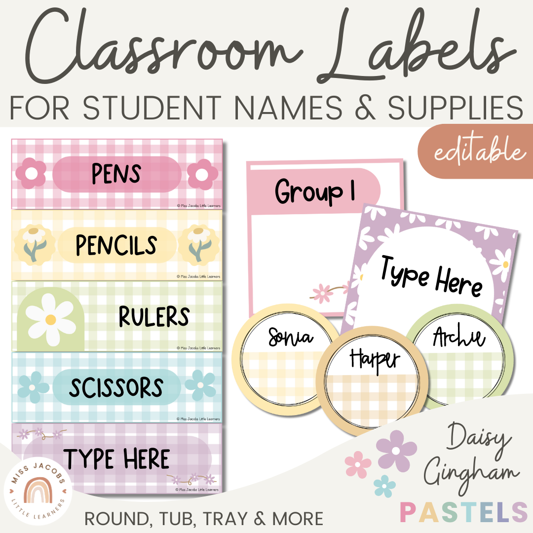 Classroom Labels Student Names & Supplies - Daisy Gingham Pastels