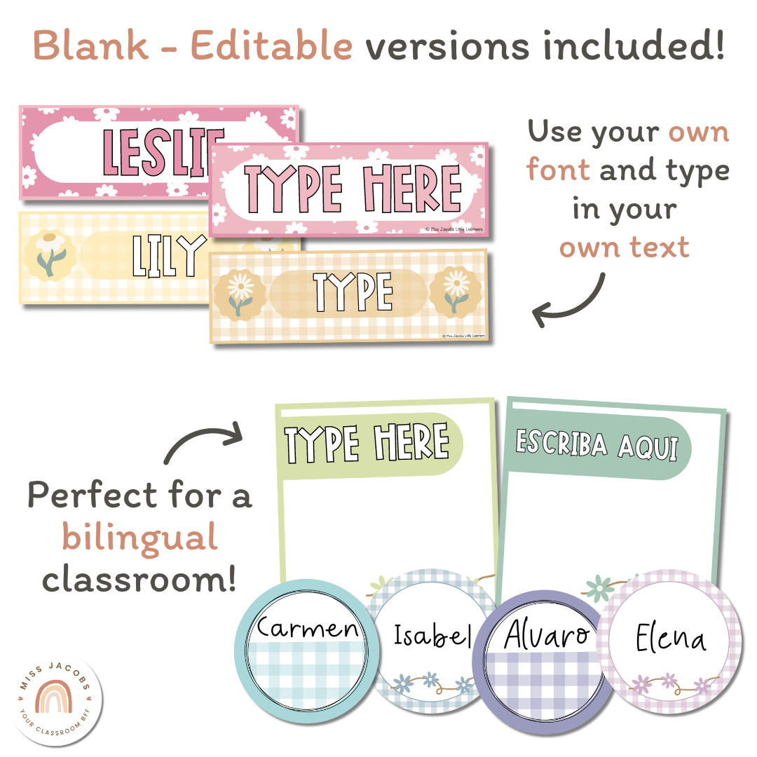 Classroom Labels Student Names & Supplies - Daisy Gingham Pastels