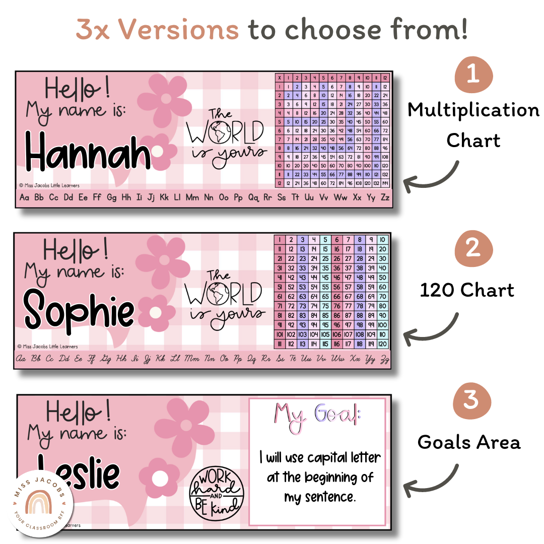 Student Desk Name Plate & Goals Mat - Daisy Gingham Pastels