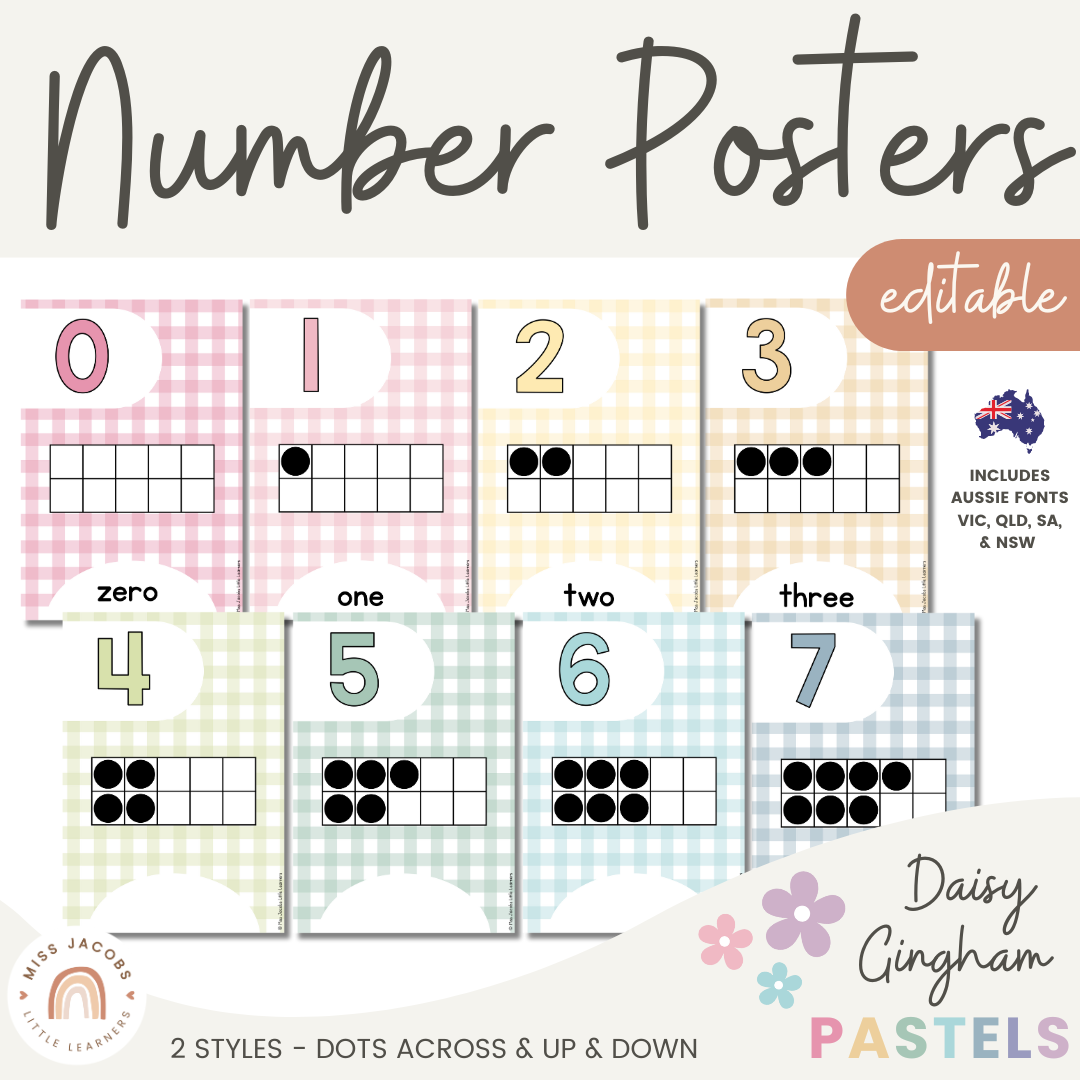 Number Posters with Ten Frames - Daisy Gingham Pastels Decor