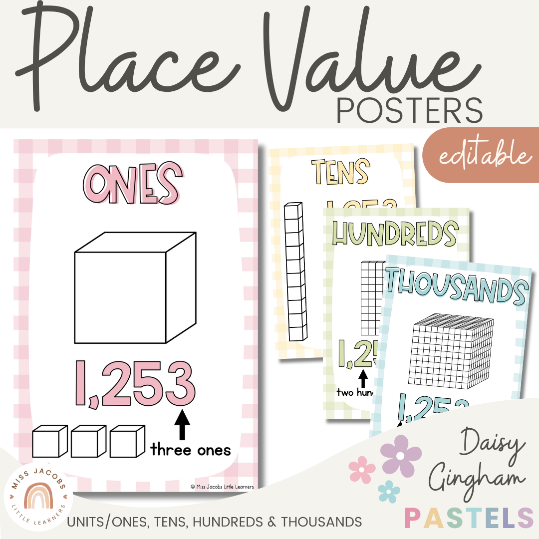Place Value Posters - Base 10 Blocks - Daisy Gingham Pastels Theme