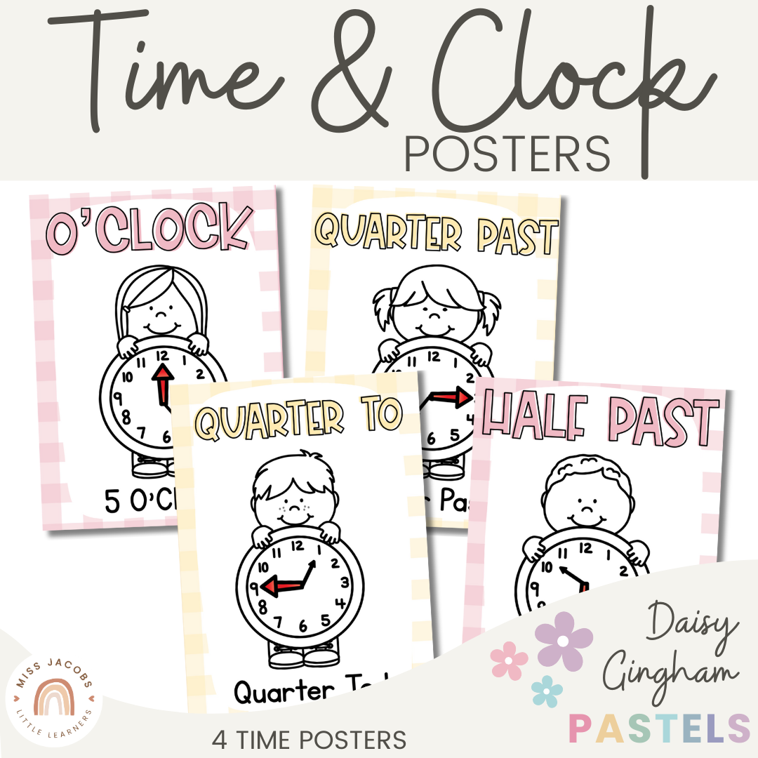 Telling Time and Clock Posters - Daisy Gingham Pastels Theme
