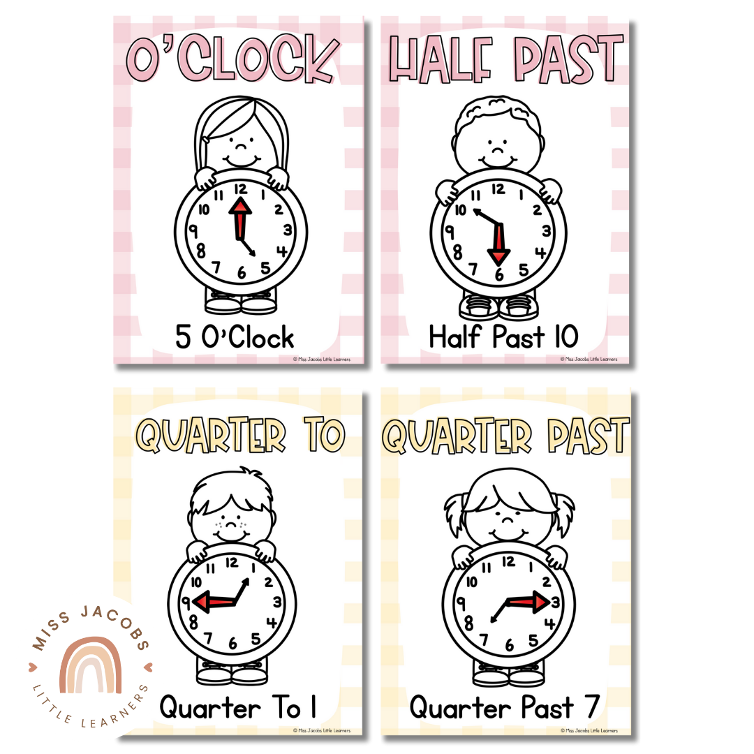 Telling Time and Clock Posters - Daisy Gingham Pastels Theme