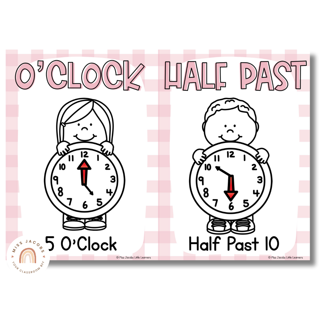 Telling Time and Clock Posters - Daisy Gingham Pastels Theme