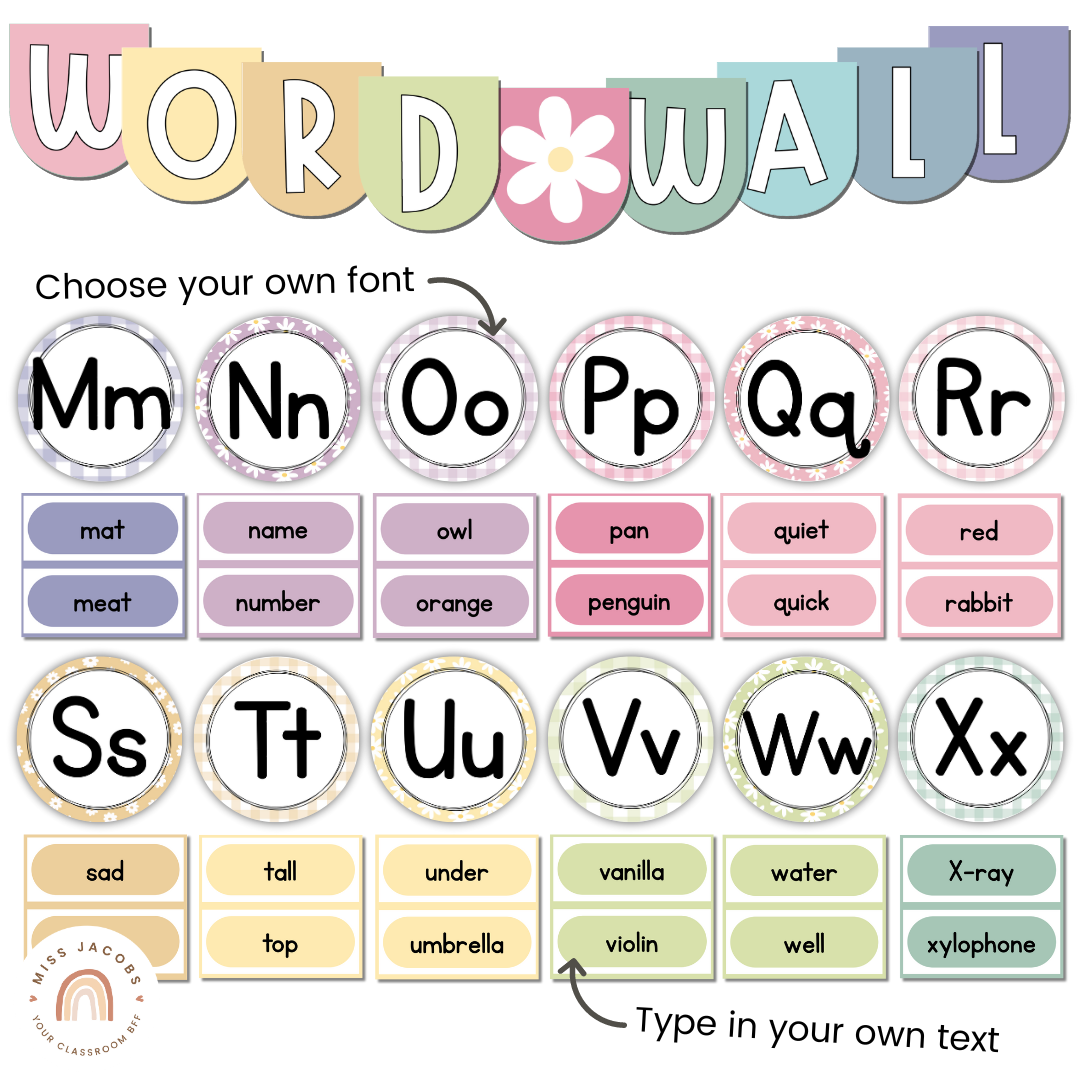 Alphabet Word Wall | Daisy Gingham Pastels Classroom Decor | Editable ...