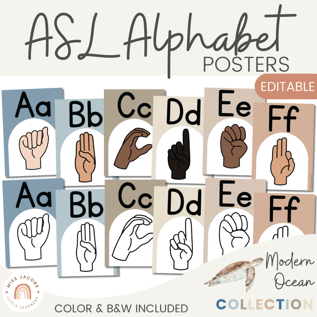 ASL Alphabet Posters - American Sign Language - Modern Ocean Theme