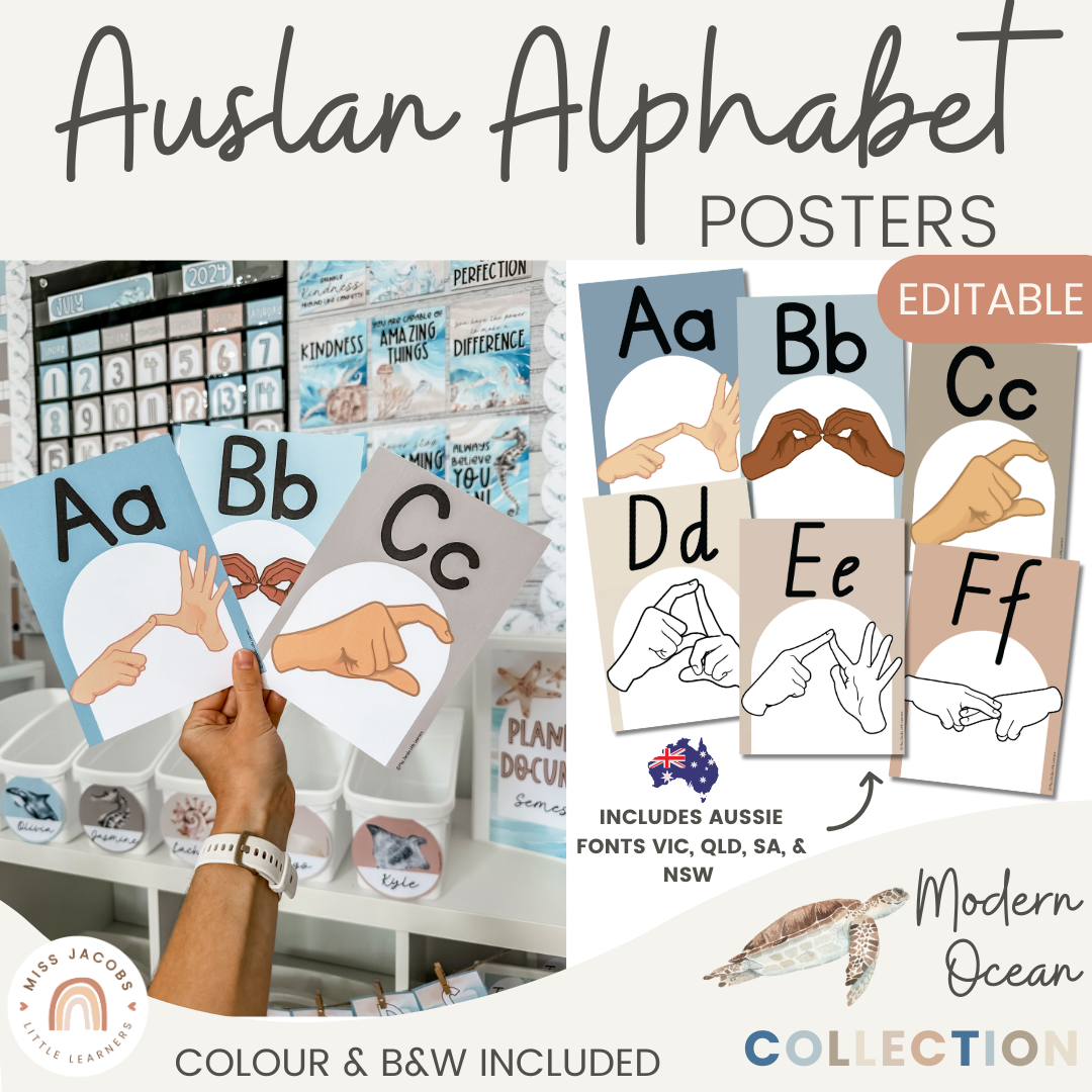 Auslan Alphabet Posters - Australian Sign Language - Modern Ocean Them