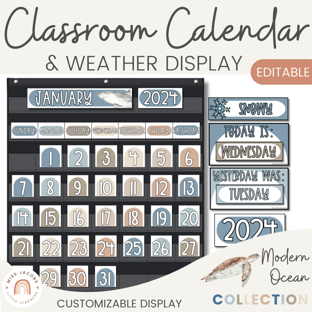 Calendar & Weather Display - Modern Ocean Classroom Decor