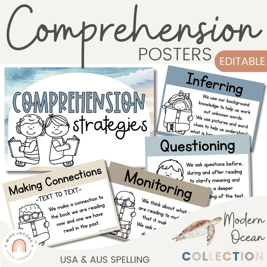 Reading Comprehension Strategies Posters - Modern Ocean Theme