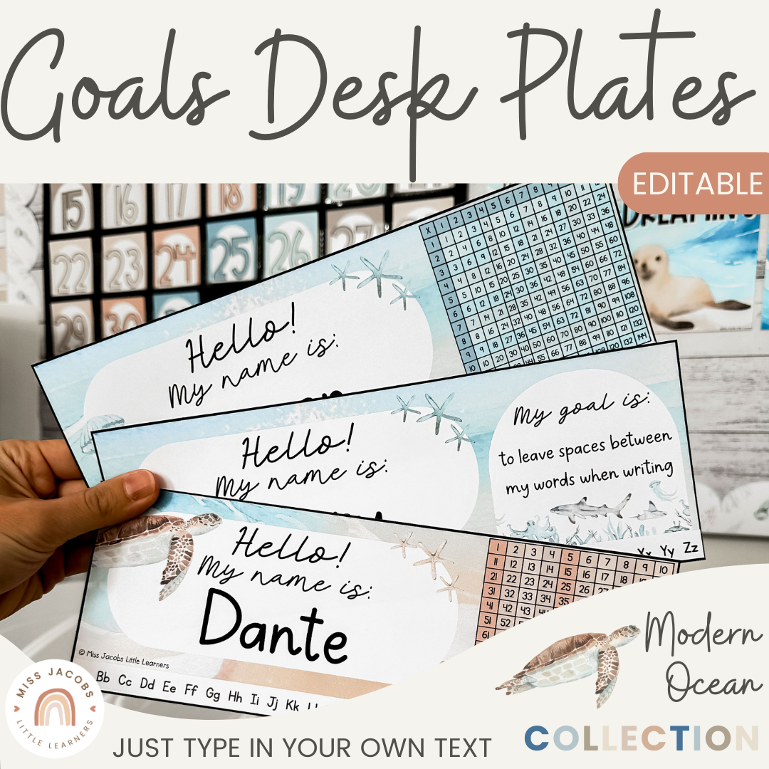 Student Desk Name Plate & Goals Mat - Modern Ocean Theme - MJLL
