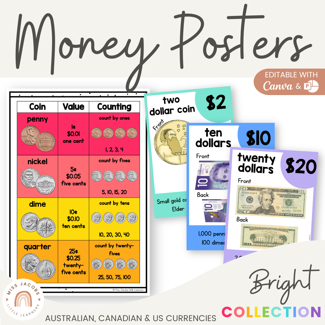 Money Posters - Bright Theme Classroom Decor - Miss Jacobs