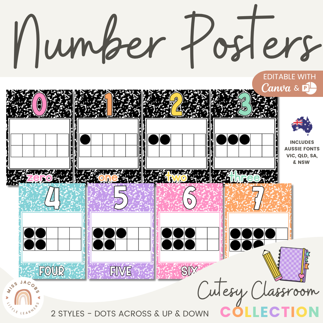 Number Posters with Ten Frames - Cutesy Composition Notebook Theme - MJLL