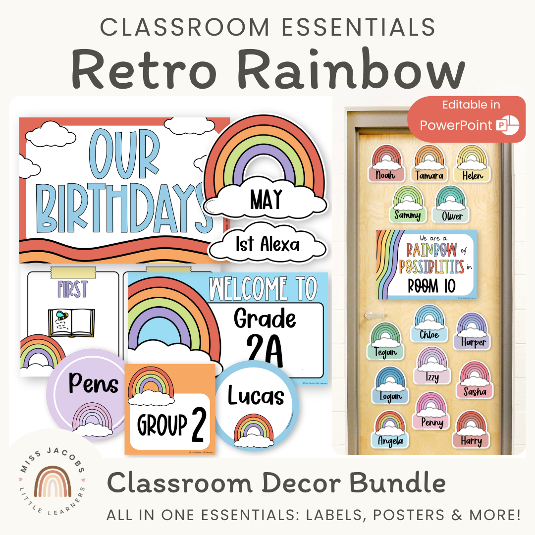 Retro Rainbow Theme Classroom Essentials Decor Pack - Miss Jacobs
