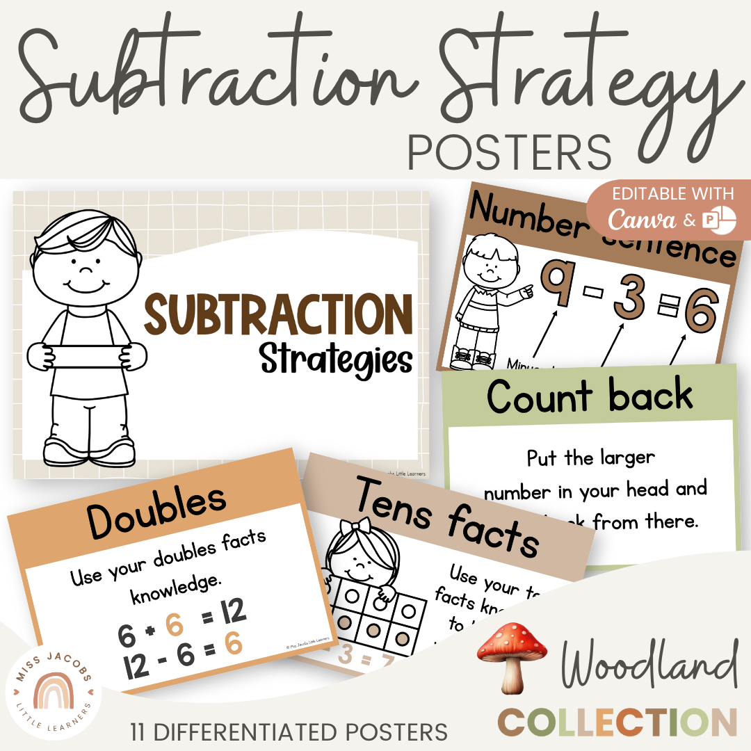 Subtraction Strategies Posters - Woodland Classroom Decor - MJLL